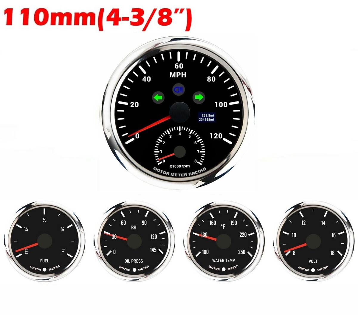 W PRO 5 Gauge Set 110mm GPS Speedometer Tachometer 120 MPH Turn Signal ...