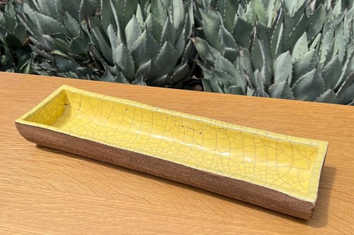 BARBARA WILLIS ART POTTERY LONG BOWL CATCHALL YELLOW CRACKLE VINTAGE 15 ...