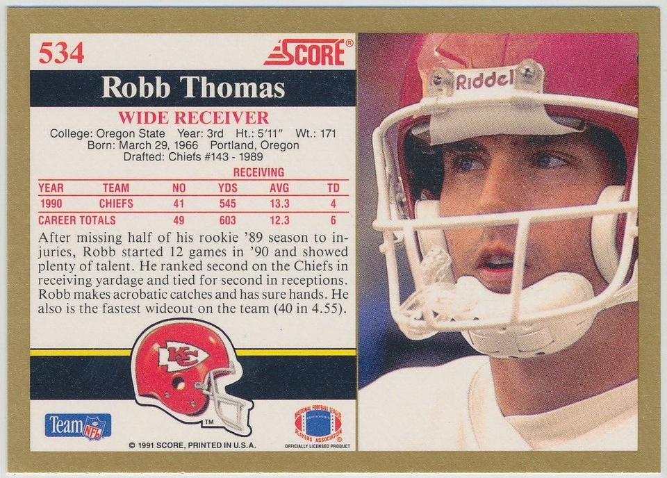 Robb Thomas - Kansas City Chiefs - 1991 Score Football - Base - #534 | eBay