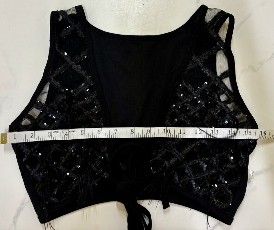XS Sequin/Feather Mesh Vest, Tie Front, Black, Costume,Clubbing Cropped ...