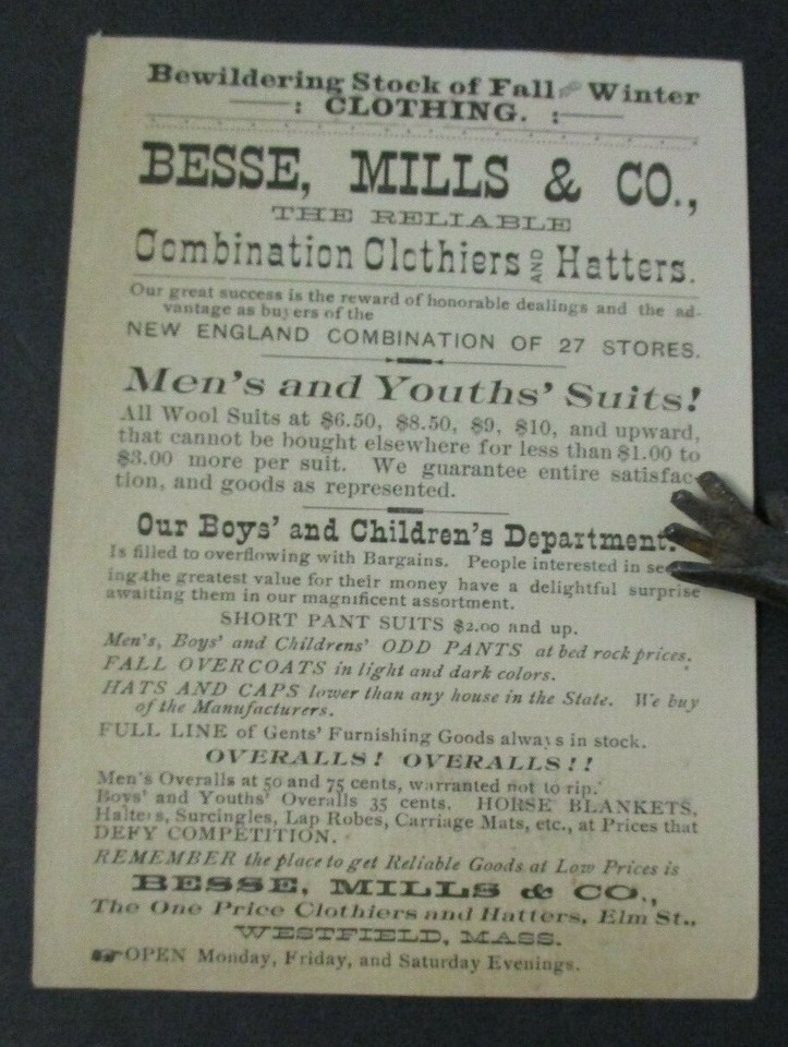 BESSE MILLS & CO. Clothiers, Hatters, & Gents' Furnishers, Westfield ...