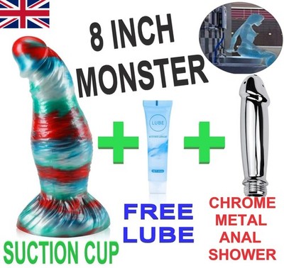 8 INCH MONSTER ALIEN DILDO SEX TOY FREE LUBE METAL CHROME SHOWER PENIS ...