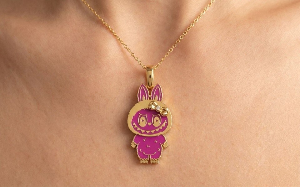 14K Solid Gold Pink Labubu Pendant With Lab Grown Diamond – Pink Enamel ...