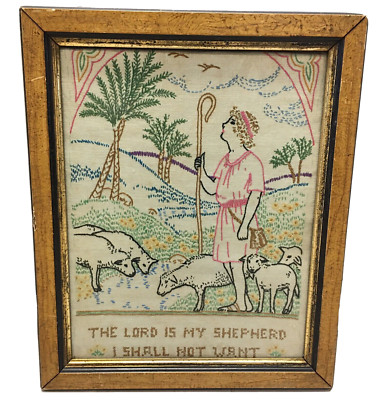 Vintage Hand Embroidery The Lord Is My Shepherd Psalm 23 Stamped Linen