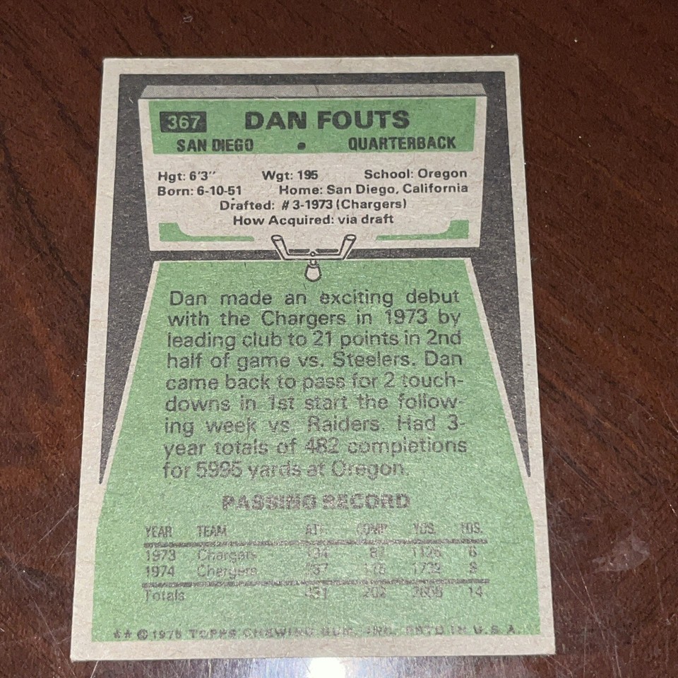 Vintage 1975 Dan Fouts San Diego Chargers #367 RC Rookie Football Card ...