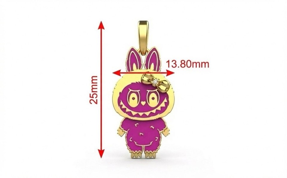 14K Solid Gold Pink Labubu Pendant With Lab Grown Diamond – Pink Enamel ...