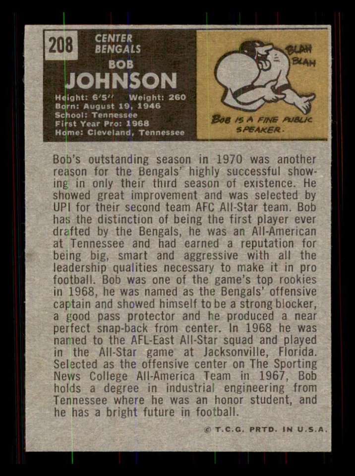 1971 Football Topps Bob Johnson Cincinnati Bengals #208 RC1 | eBay
