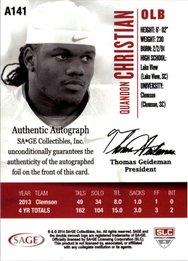 2014 SAGE HIT Autographs Black #A141 Quandon Christian | eBay