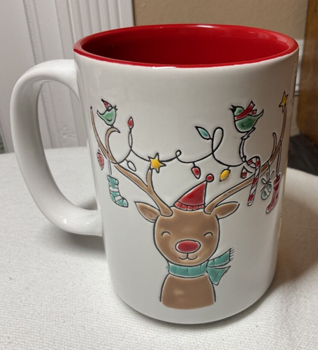 SPECTRUM DESIGNZ COFFEE OR TEA MUG REINDEER DONNER HOLIDAY WHITE RED ...