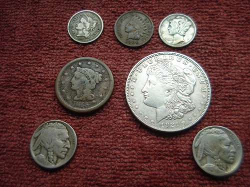 1921 MORGAN DOLLAR +1913 TYPE 1 BUFF +1855 LARGE CENT+1936 SILVER ...