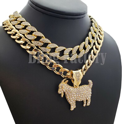 Hip Hop Goat Pendant & 11mm 20" Cuban & 18" Iced Cuban Choker Chain ...