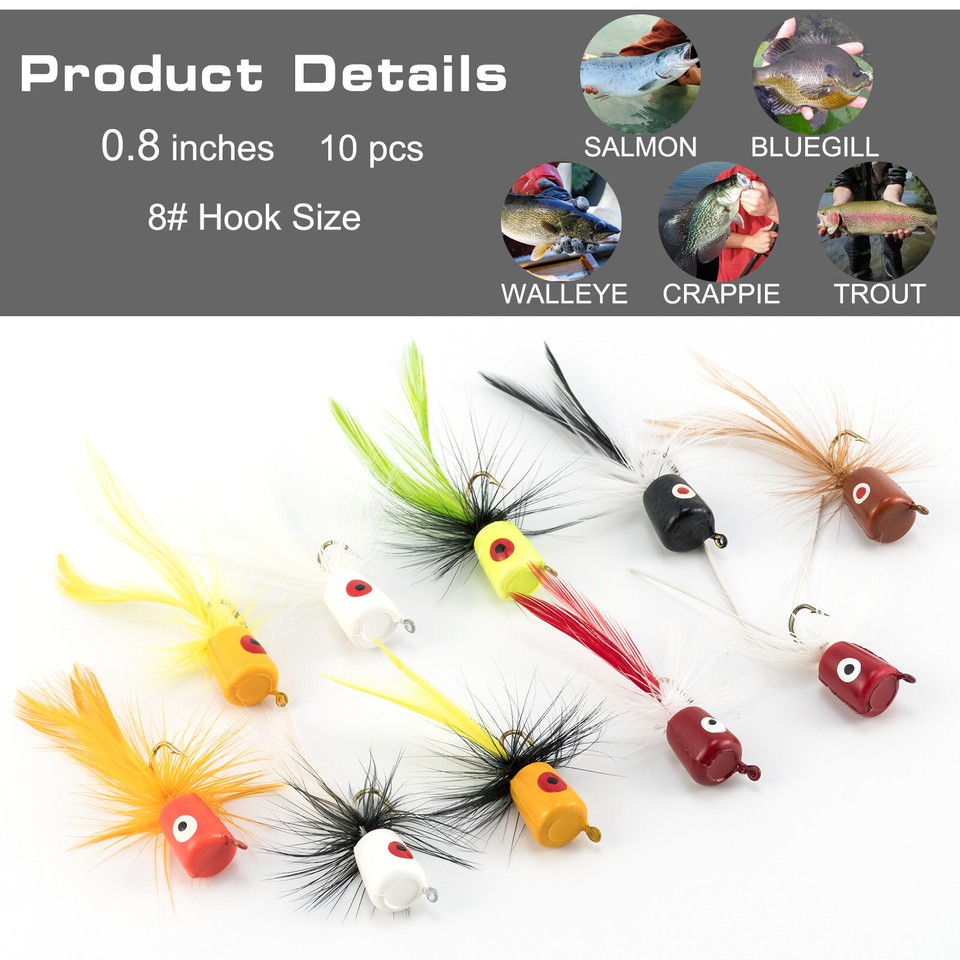 10/15pcs Fly Fishing Poppers Flies Lures Topwater Panfish Bluegill Bass ...