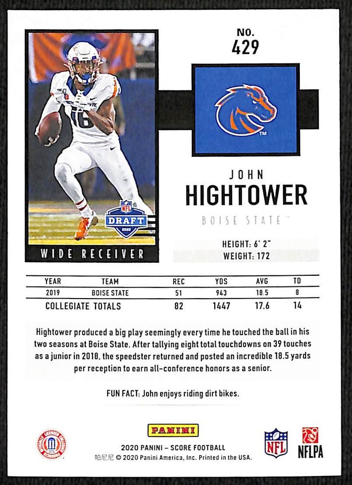 2020Score John Hightower IV #429 Rookie Boise State Broncos Football ...