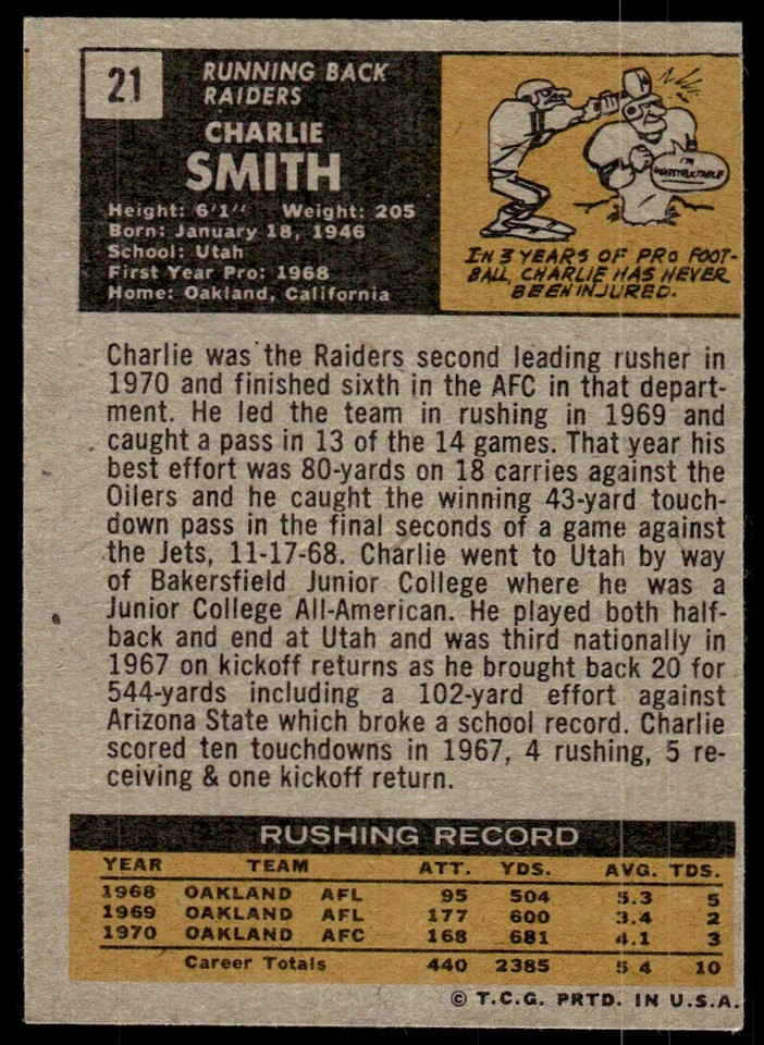 1971 TOPPS CHARLIE SMITH OAKLAND RAIDERS #21A | eBay