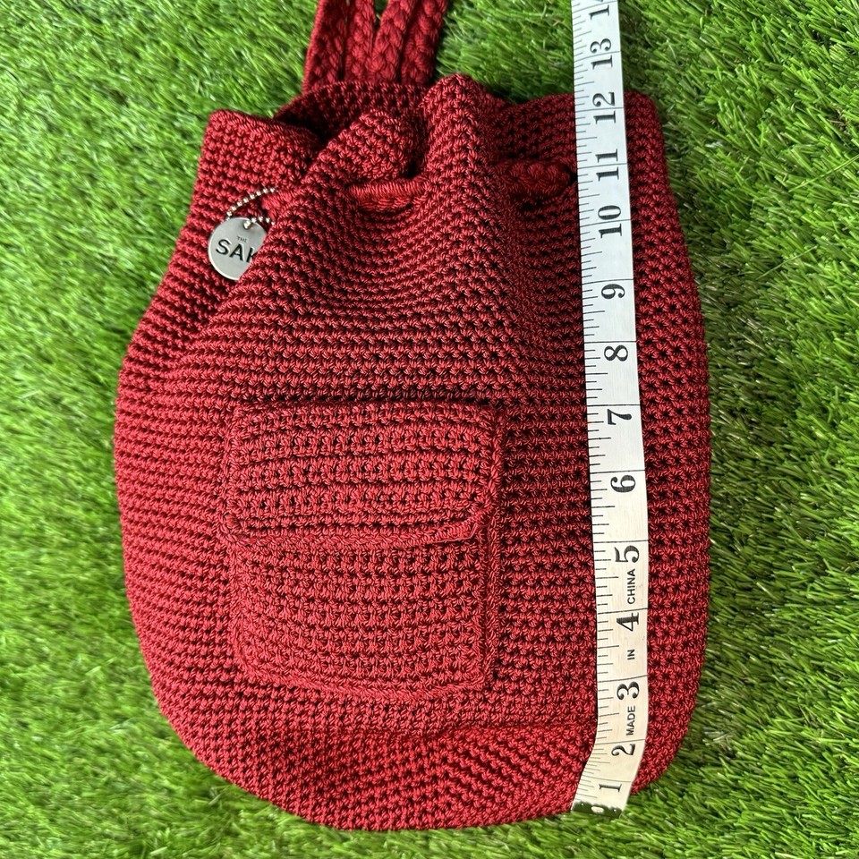 VTG The Sak Red Crochet Drawstring Backpack Knit EUC School Shoulder ...