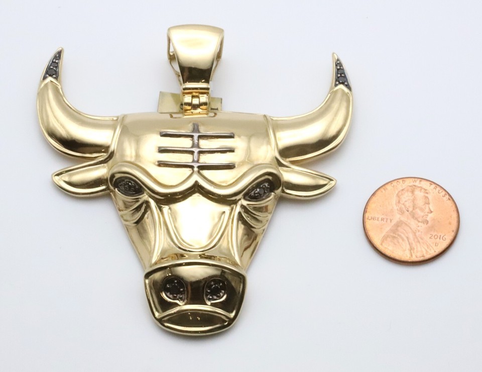 New 10k Yellow Gold Bull Pendant with 0.30cts Black Diamonds 24.7 grams ...
