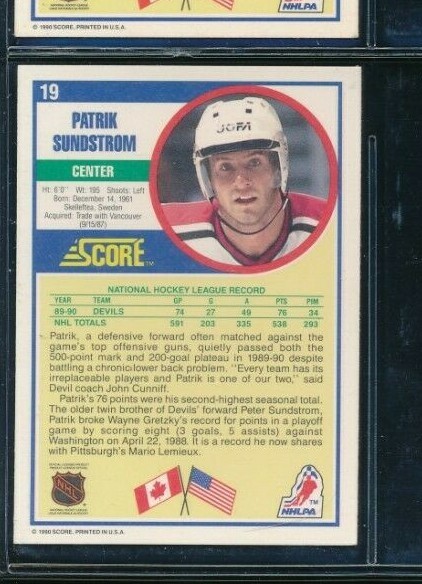 1990 Score #19 Patrik Sundstrom New Jersey Devils Signed Autograph ...