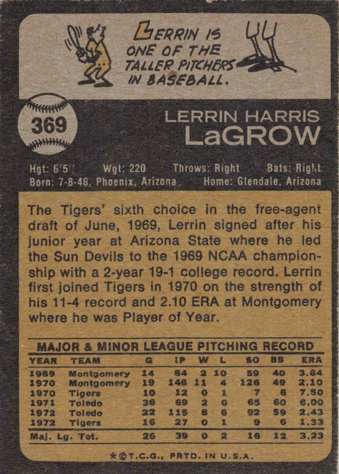 Lerrin LaGrow Detroit Tigers 1973 Topps #369 Baseball Card | eBay