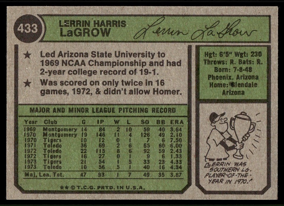Lerrin LaGrow 1974 Topps #433 Detroit Tigers 33469 Baseball Card | eBay