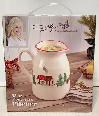 Dolly Parton Christmas Stoneware Pitcher 63 oz Childhood Cabin, Chapel ...