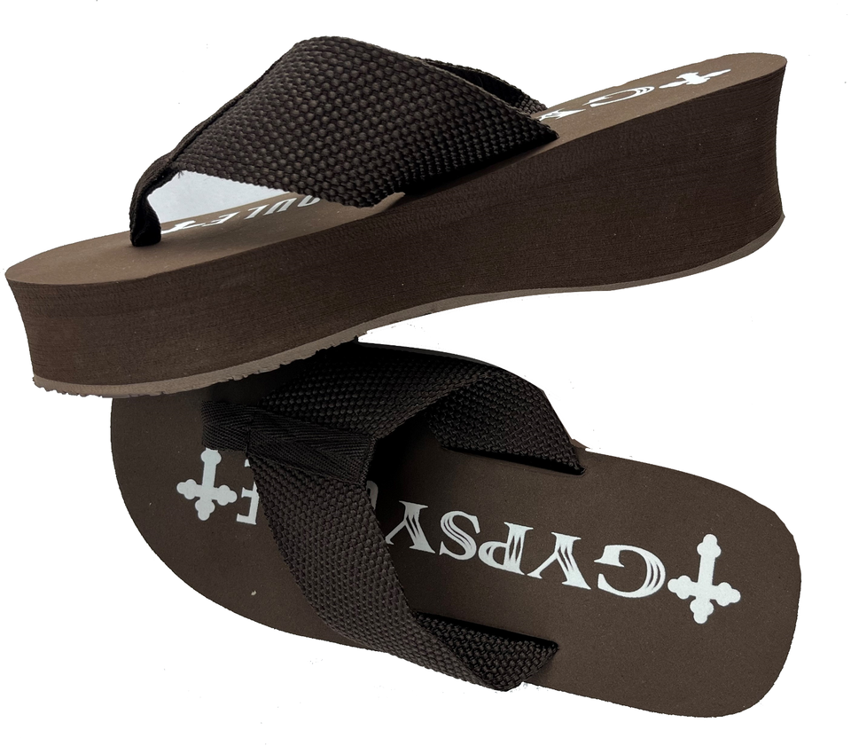 Gypsy Soule - 2" WEDGE Flip Flops Thong Sandals Heel Canvas - Chocolate ...