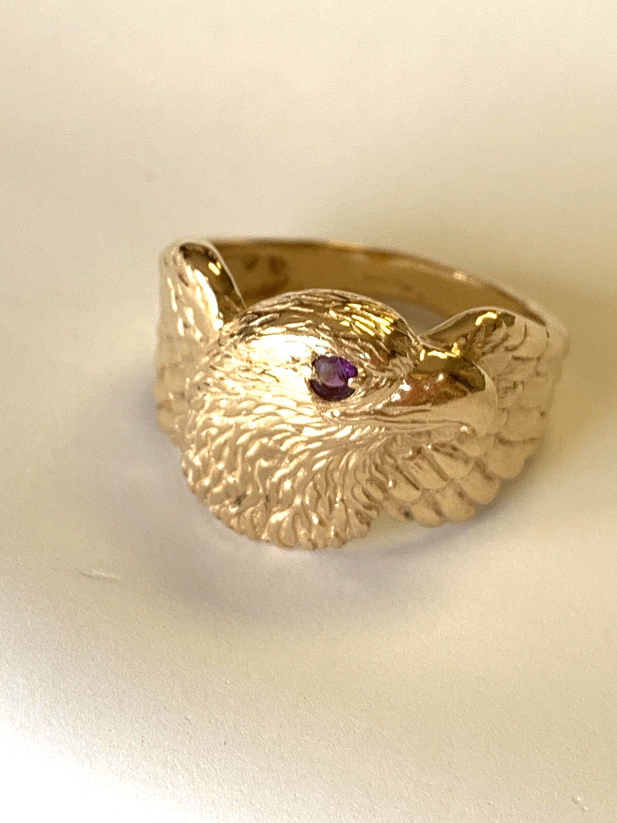 10k Yellow Gold Raven / Eagle Ring With Purple Amethyst Stone Eye Size ...