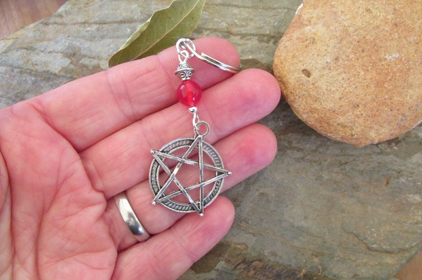 Pentagram pentacle pagan key chain key ring bag charm red quartz ...