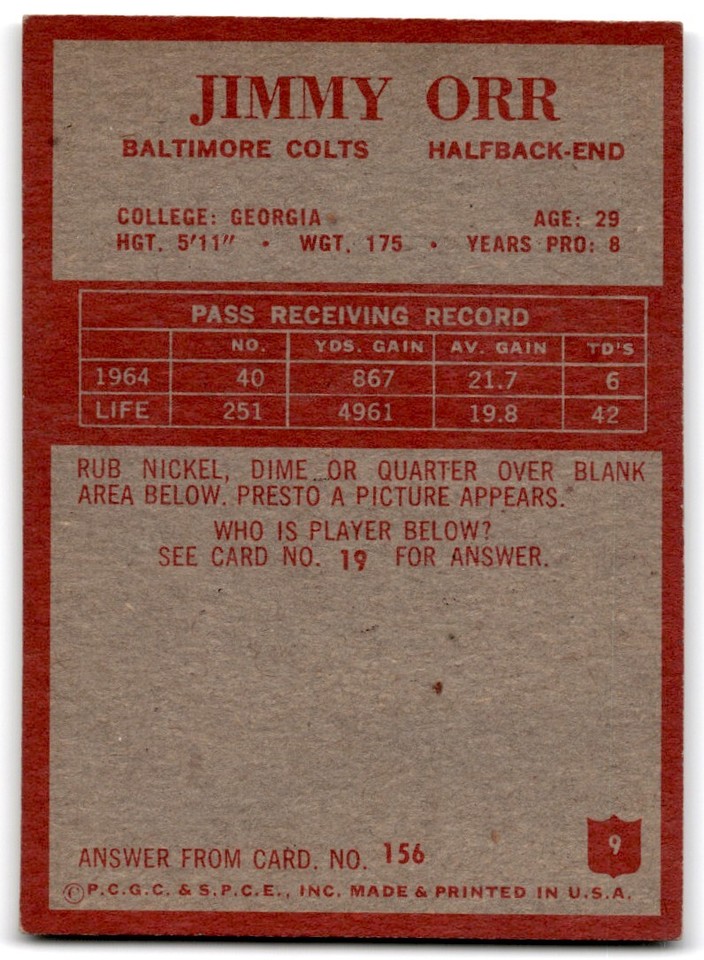 1965 Philadelphia Jimmy Orr Baltimore Colts #9 | eBay