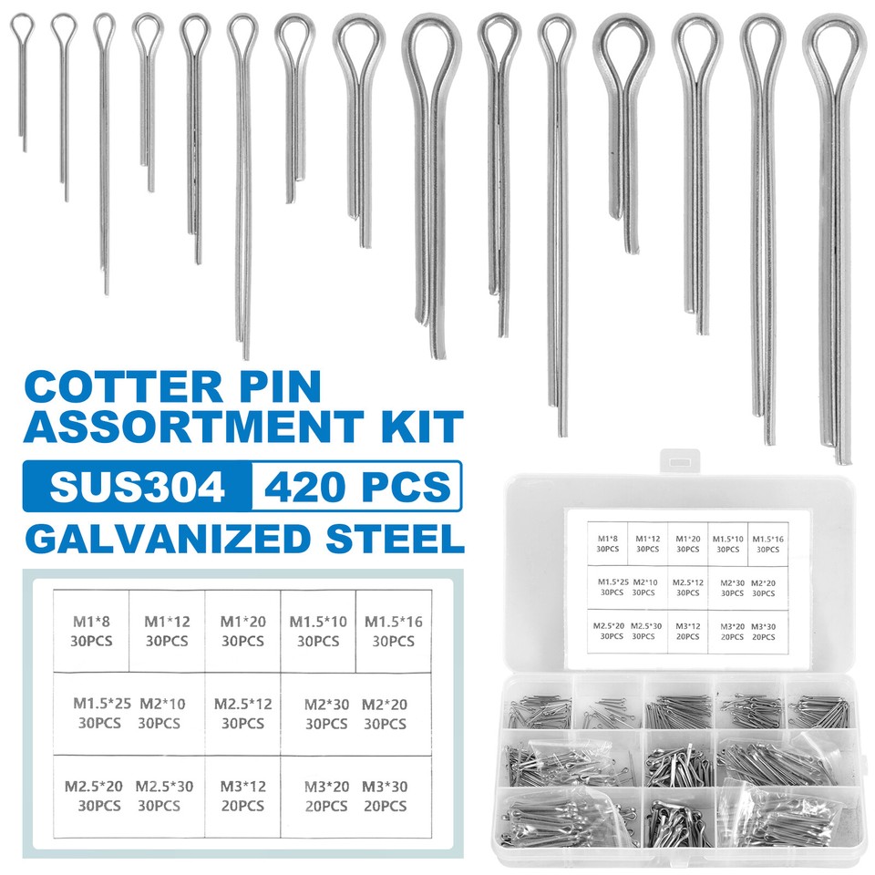 420Pcs Various sizes 304 Stainless Steel Cotter Pin Assortment Set ...