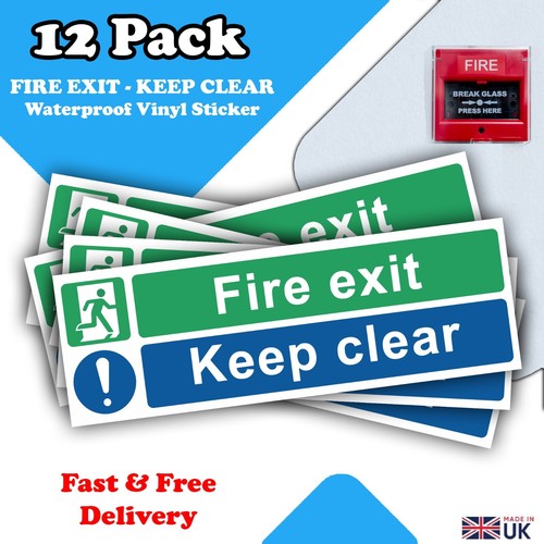 FIRE EXIT KEEP CLEAR - Sticker Sign [Pack of 12] - 300mm X 100mm, Fire ...