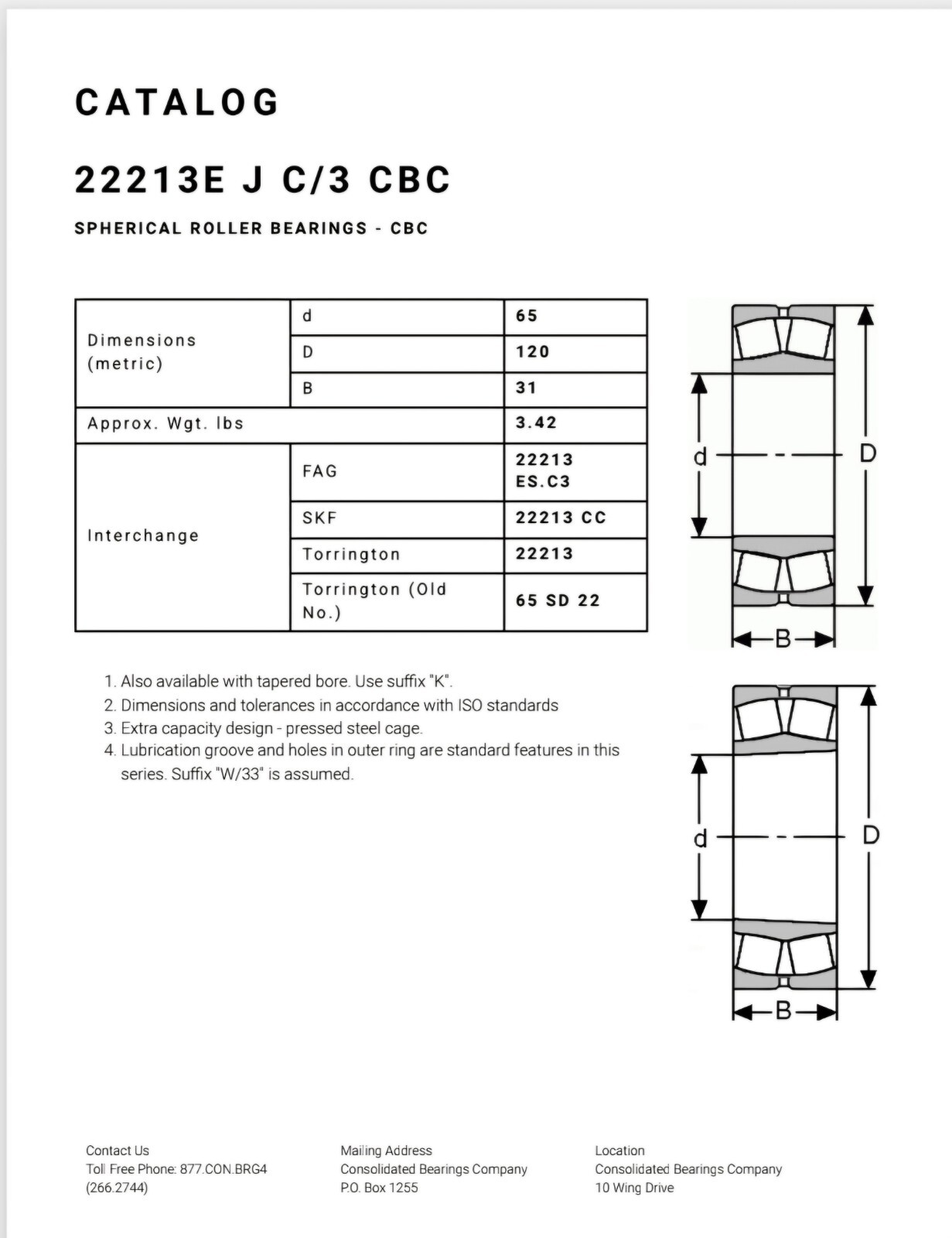 Consolidated Bearings Spherical Roller Bearing 22213E J C/3 (65 x 120 x ...