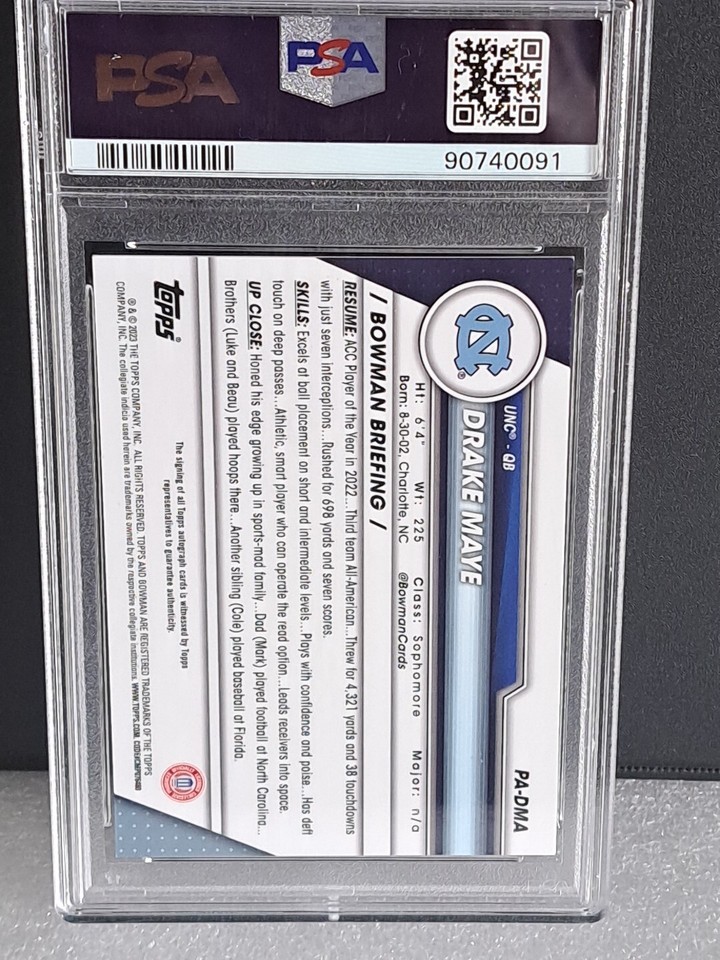 2023 BOWMAN SAPPHIRE DRAKE MAYE 1ST ROOKIE AUTO SP PRIZM PATRIOTS PSA 9 ...