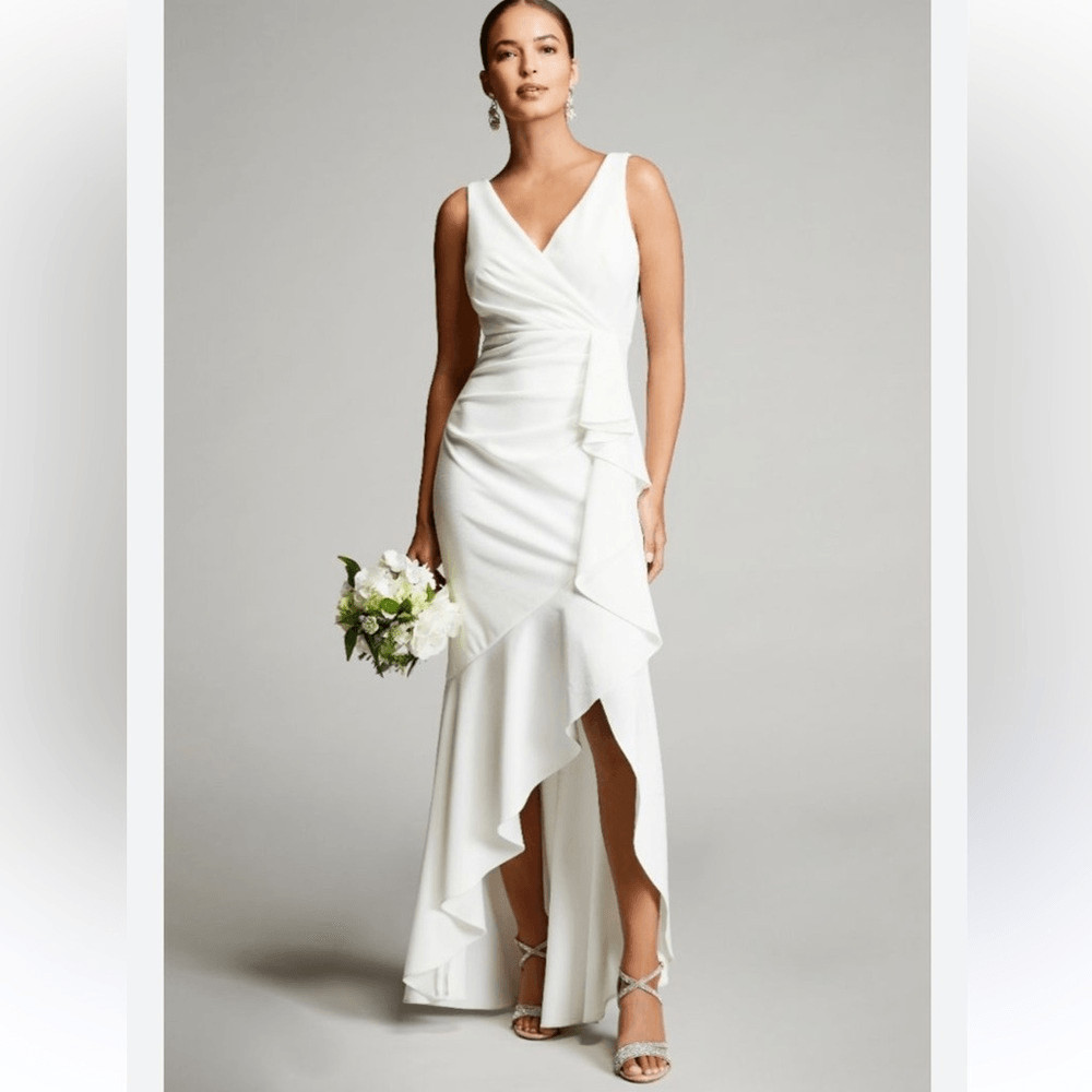 Betsy & Adam CANDACE" LONG V- NECK HI LOW CASCADE DRE… - Gem