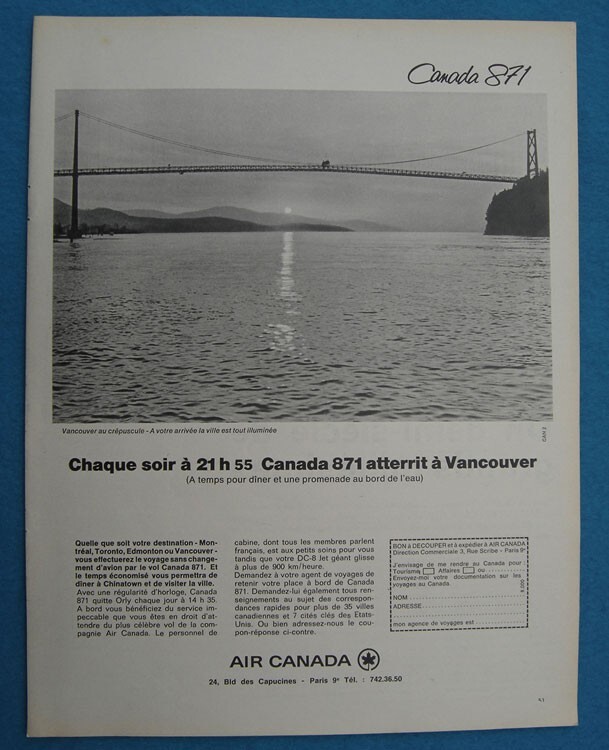 Publicité Papier - AIR CANADA - Canada 871 - VANCOUVER de 1967 | eBay