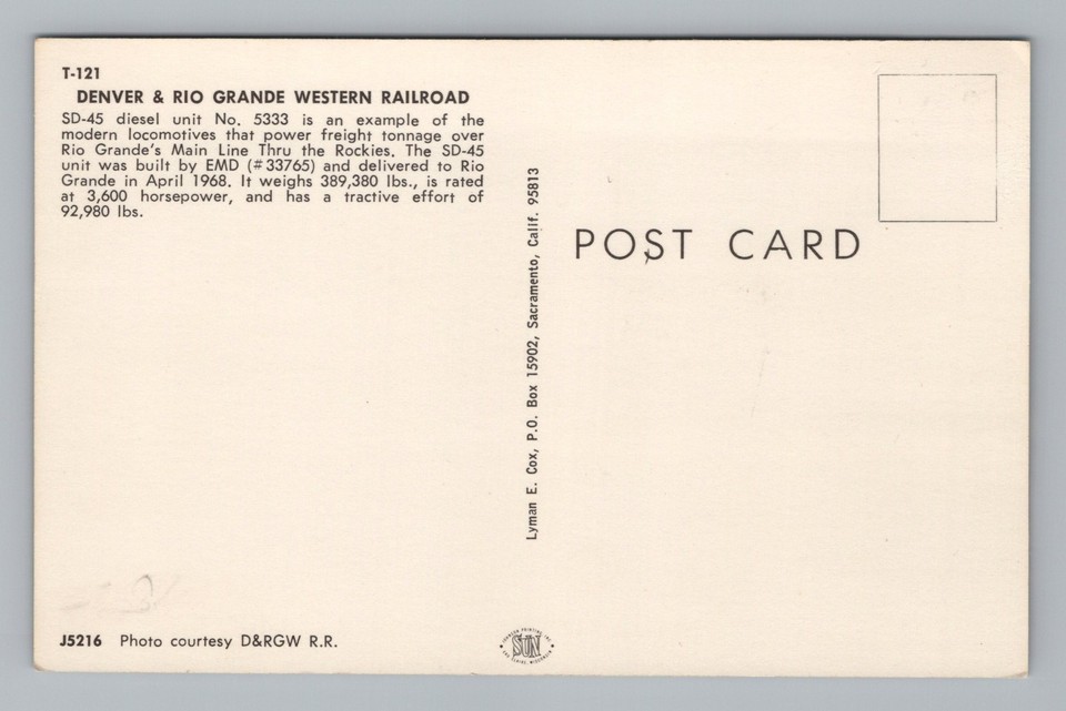 Postcard Train SD 45 No 5333 Denver Rio Grande Western Railroad Track ...