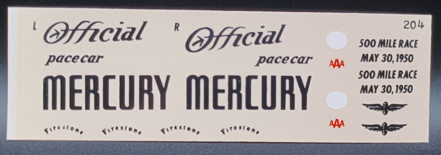 Fred Cady | No. 204 | 1:25 1950 Mercury Indianapolis Pace Car Decals | eBay