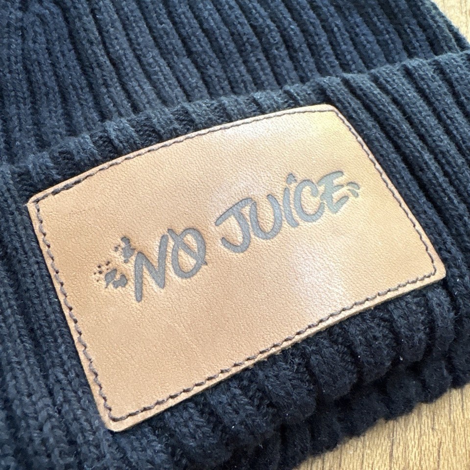No Juice - Black Ribbed Knit Beanie With Brown Leather Patch | eBay UK