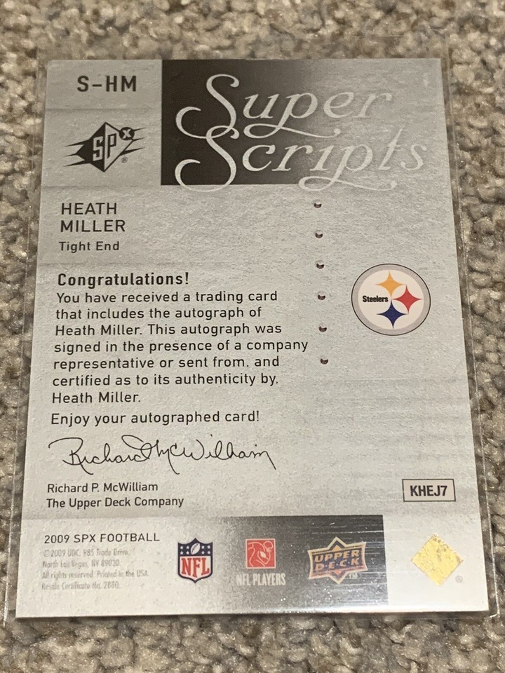 2009 SPX NFL FOOTBALL Heath Miller Auto Super Scripts Pittsburgh ...