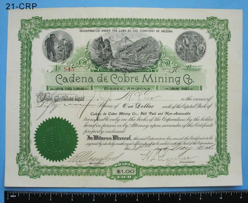 Bisbee Mining Rare 1906 Cadena de Cobre Minging Co. Company Stock ...