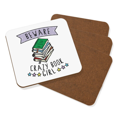 Beware Crazy Book Girl Coaster Drinks Mat Set Of 4 Funny Joke Bookworm ...