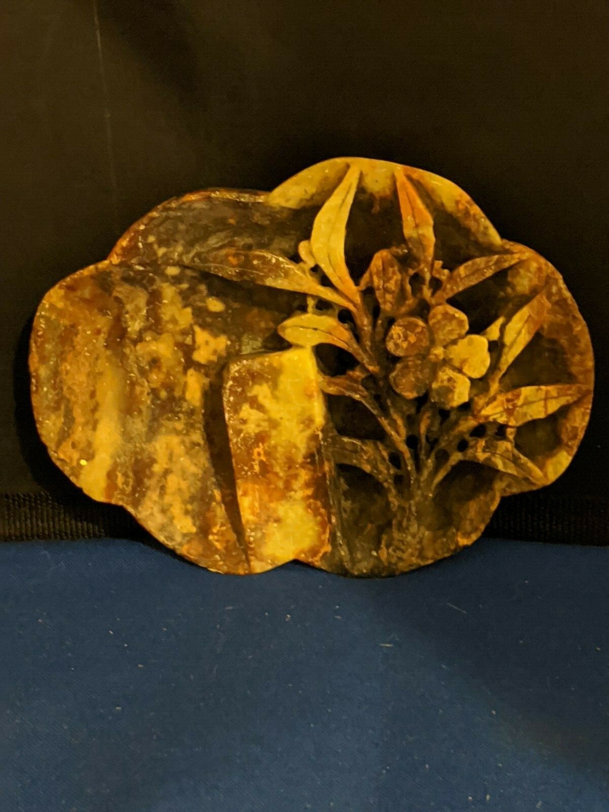 Chinese hand Carved Soapstone floral Ashtray brush dish approx 5"W ...