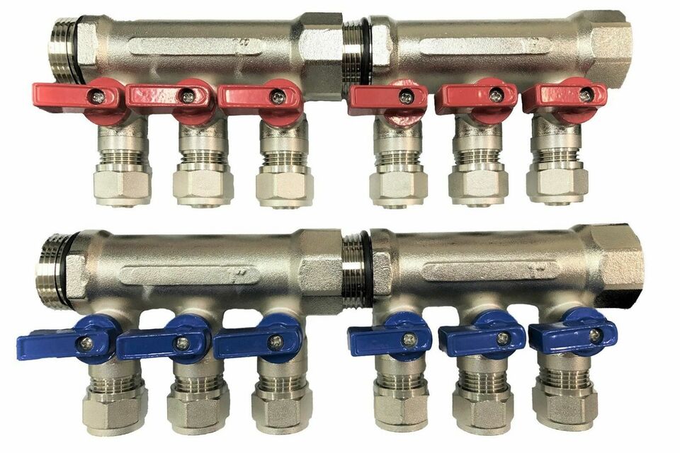 1" 6-Loop/Port Ball Valve Brass Plumbing Manifolds for 1/2" PEX - Red ...