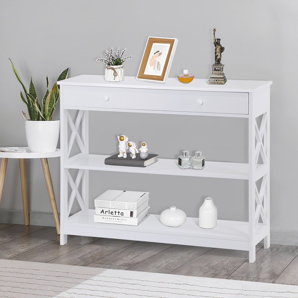 High Console Table 3-tier with Drawer Storage Shelf Sofa Table Hallway ...