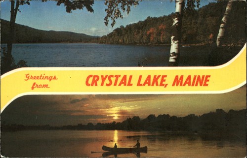 Crystal Lake Maine two view white birch trees sunset canoe 1971 vintage ...