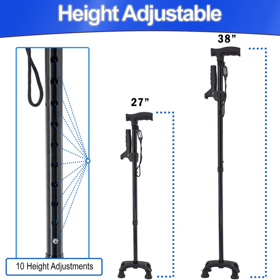 Walking Stick Cane Quad Four Prong Base, Adjustable Dual Handle, Self ...