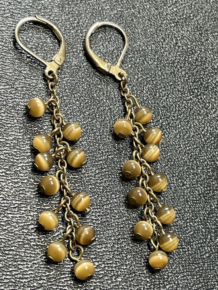 Vintage 2.4” Brown Glass Cat Eye Beaded Gold Tone Metal Hinged Earrings ...
