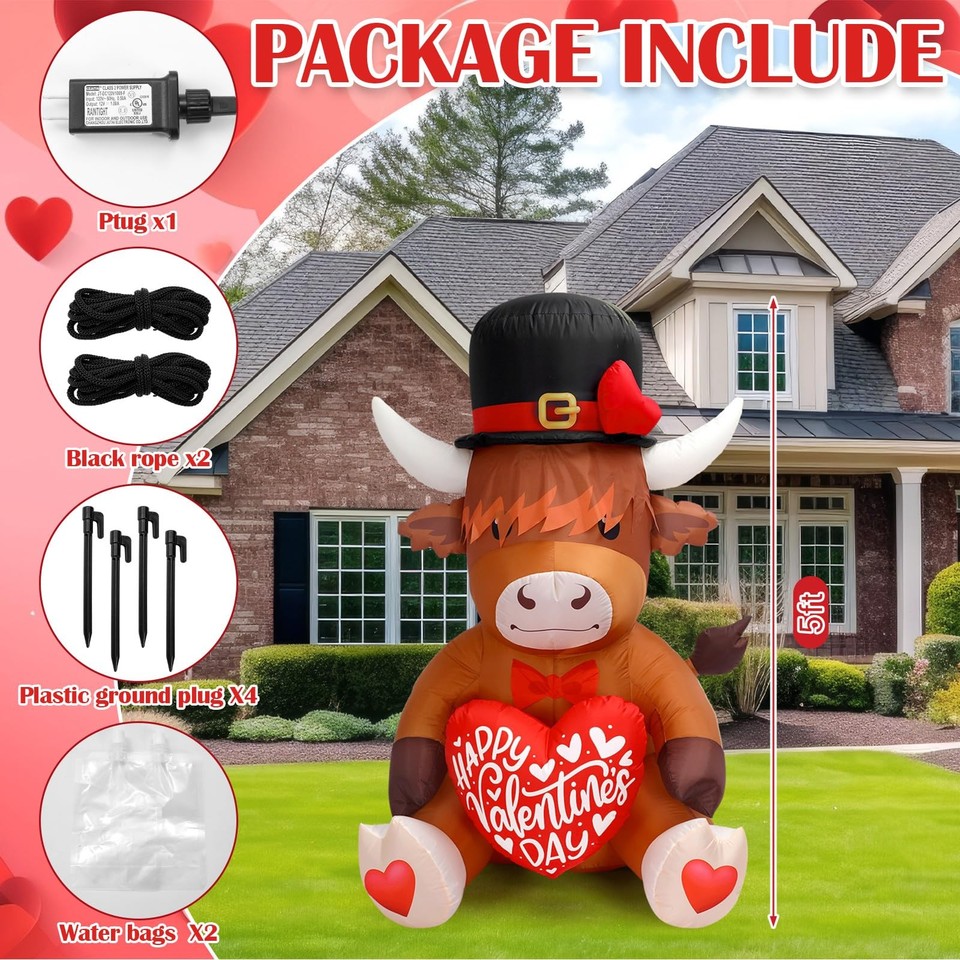 5ft Valentine's Day Inflatable Highland Cow with LED Lights Red Heart ...