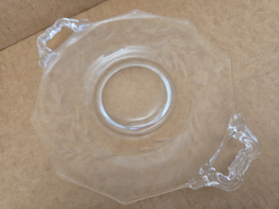 Depression Glass Etched Floral Clear Glass Double Handled Plate FREE ...