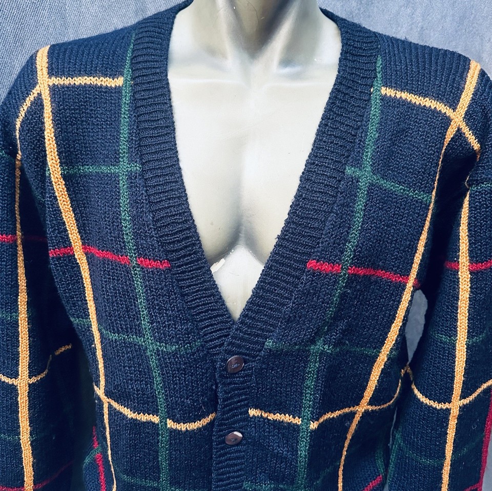 Vtg Wool Cardigan Sweater 80s 90s Grandpa Plaid izod Large Men’s | eBay UK