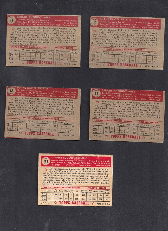1952 TOPPS BASEBALL 5 LOT-CASS MICHAELS, SAM MELE, DUANE PILLETTE-LOW ...